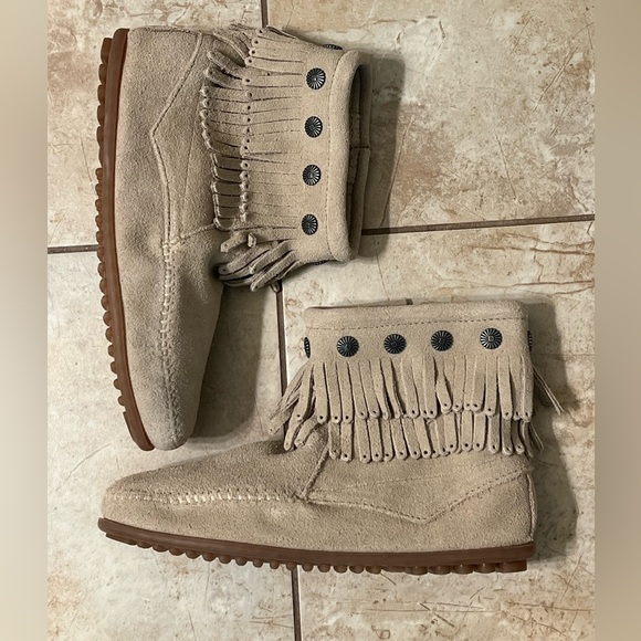 Minnetonka | Shoes | Minnetonka Fringe Suede Ankle Boots In Beige ...